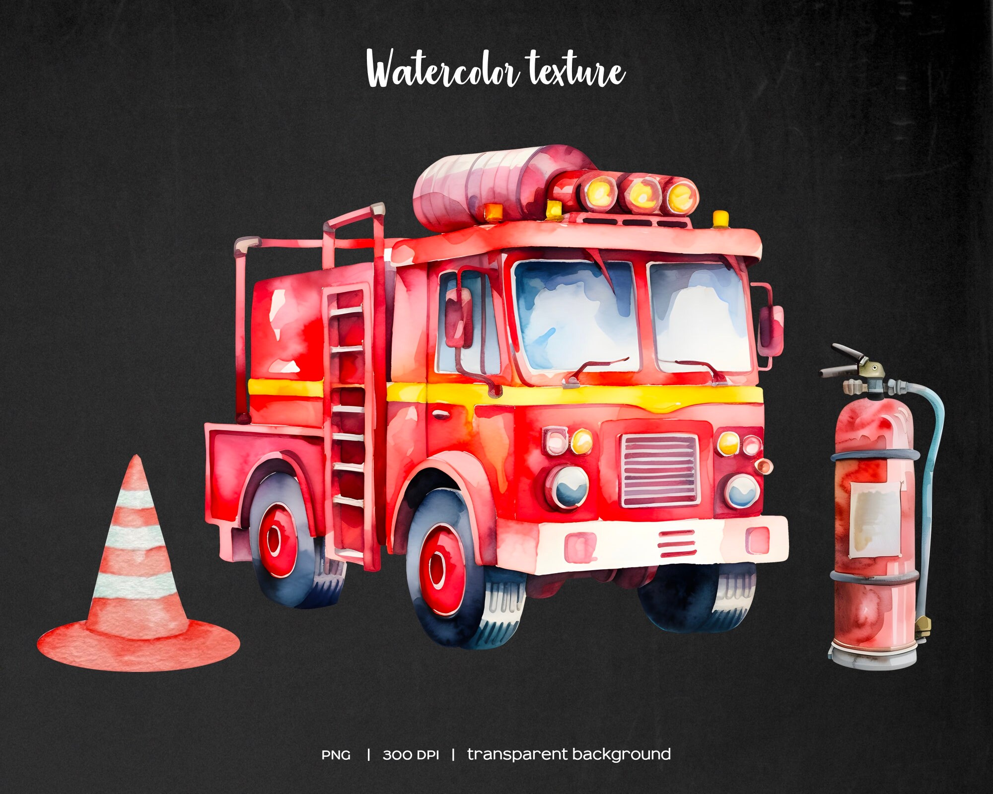 Watercolor Rescue Vehicles Clipart: Firetruck, Ambulance, Police (PNG ...