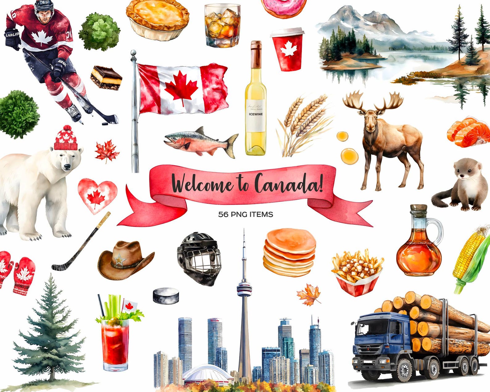 Watercolor Canada Clipart Canadian Elements and Symbols PNG ...