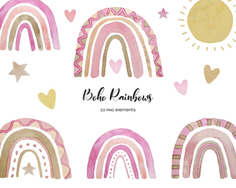 Watercolor Boho Rainbow Clipart: Pink & Beige Nursery Decor (PNG) - Etsy