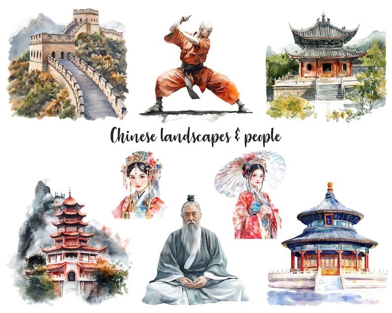 Watercolor China Clipart. Chinese Elements and Symbols Clipart. Welcome ...