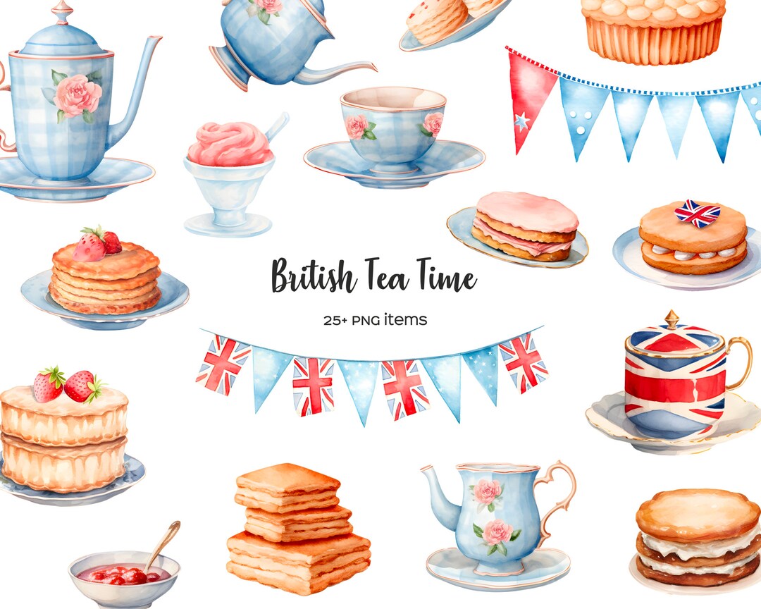 Watercolor British Tea Party Clipart: Vintage Teapot & Dishes (PNG ...