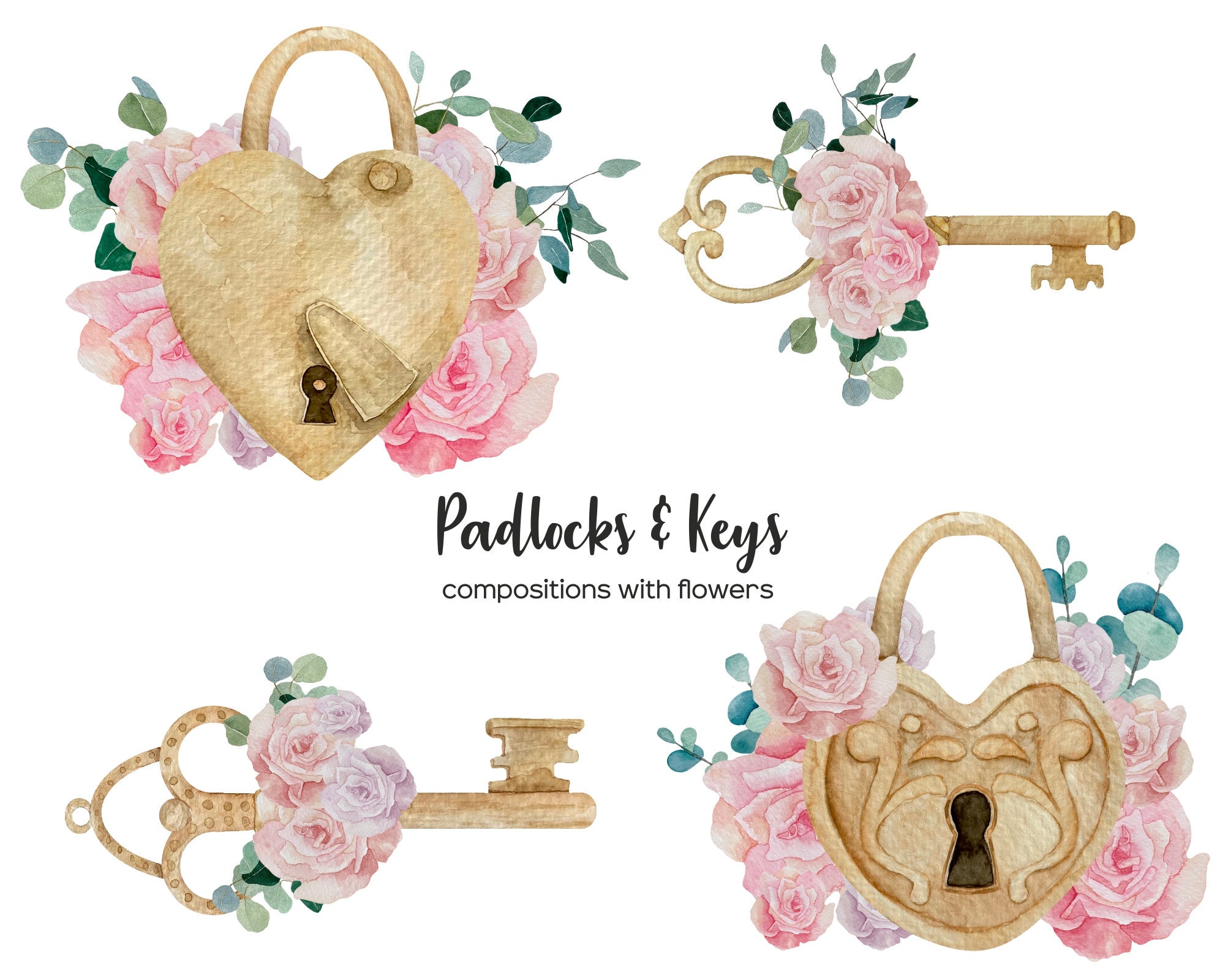 Watercolor Floral Keys & Locks Clipart: Valentine's Day PNG (digital ...