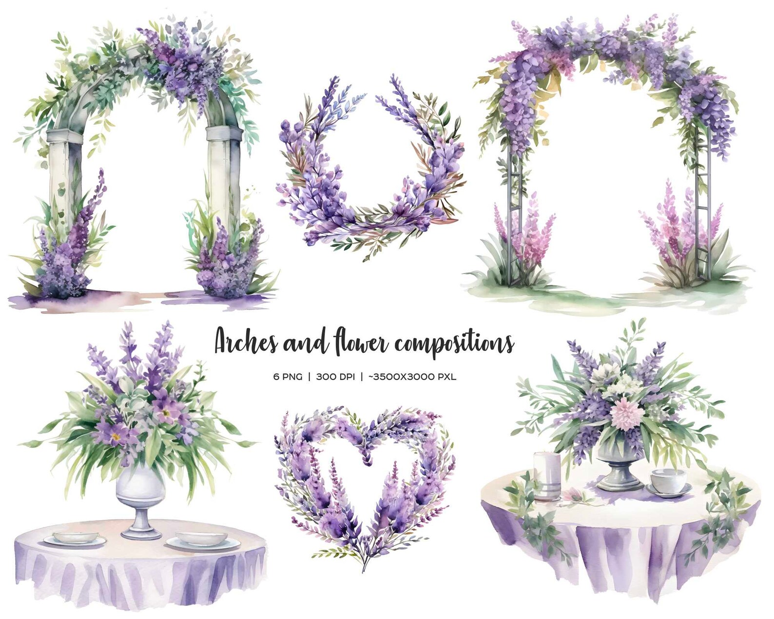 Watercolor Lavender Wedding Clipart: Bride, Groom, Decor (PNG) (digital ...