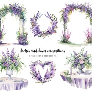 Watercolor Lavender Wedding Clipart: Bride, Groom, Decor (PNG) (digital ...