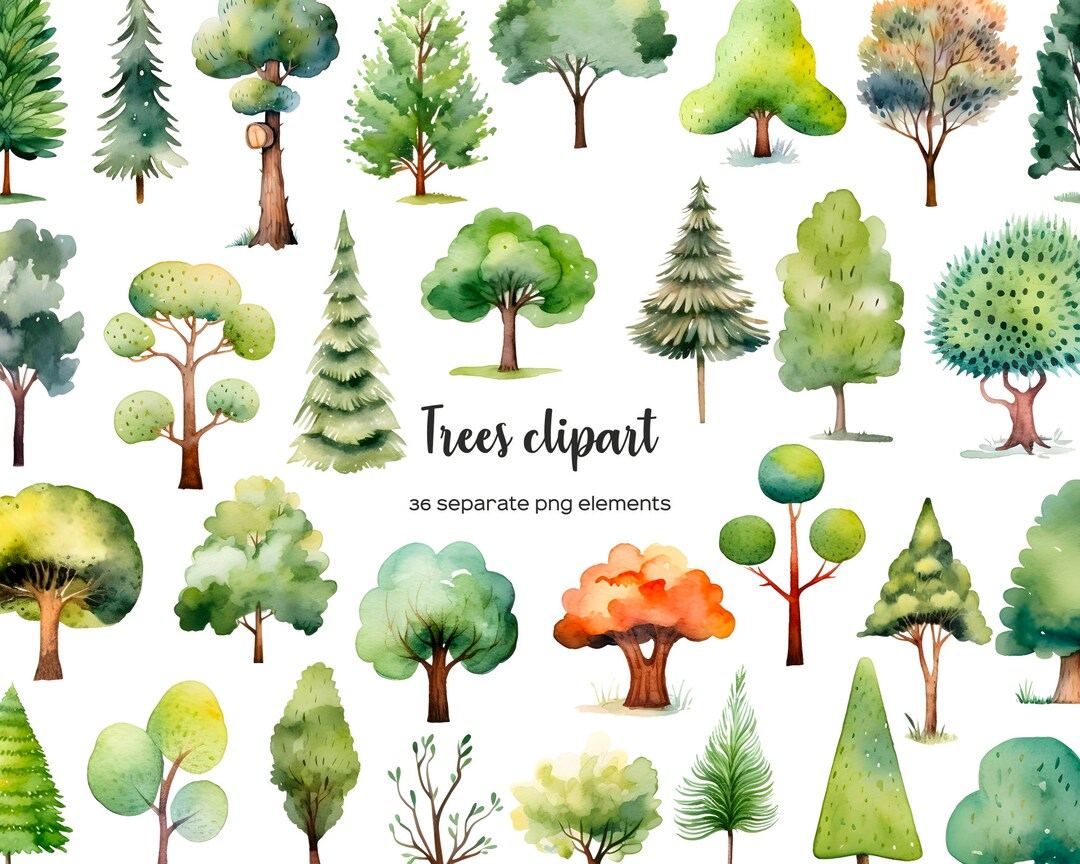 Watercolor Trees Clipart. Watercolor Forest Clip Art. Woodland ...