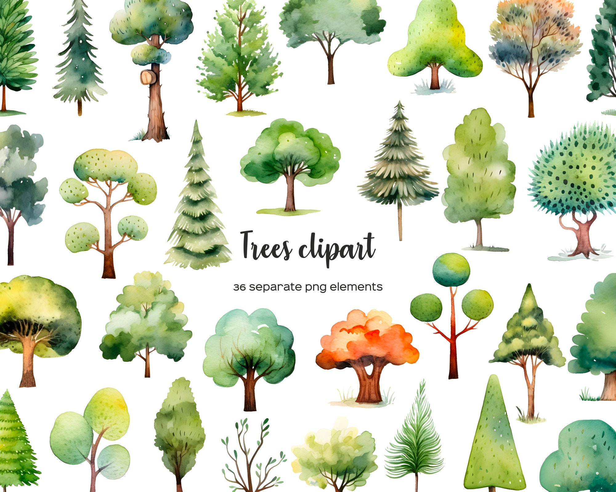 Watercolor Trees Clipart. Watercolor Forest Clip Art. Woodland ...