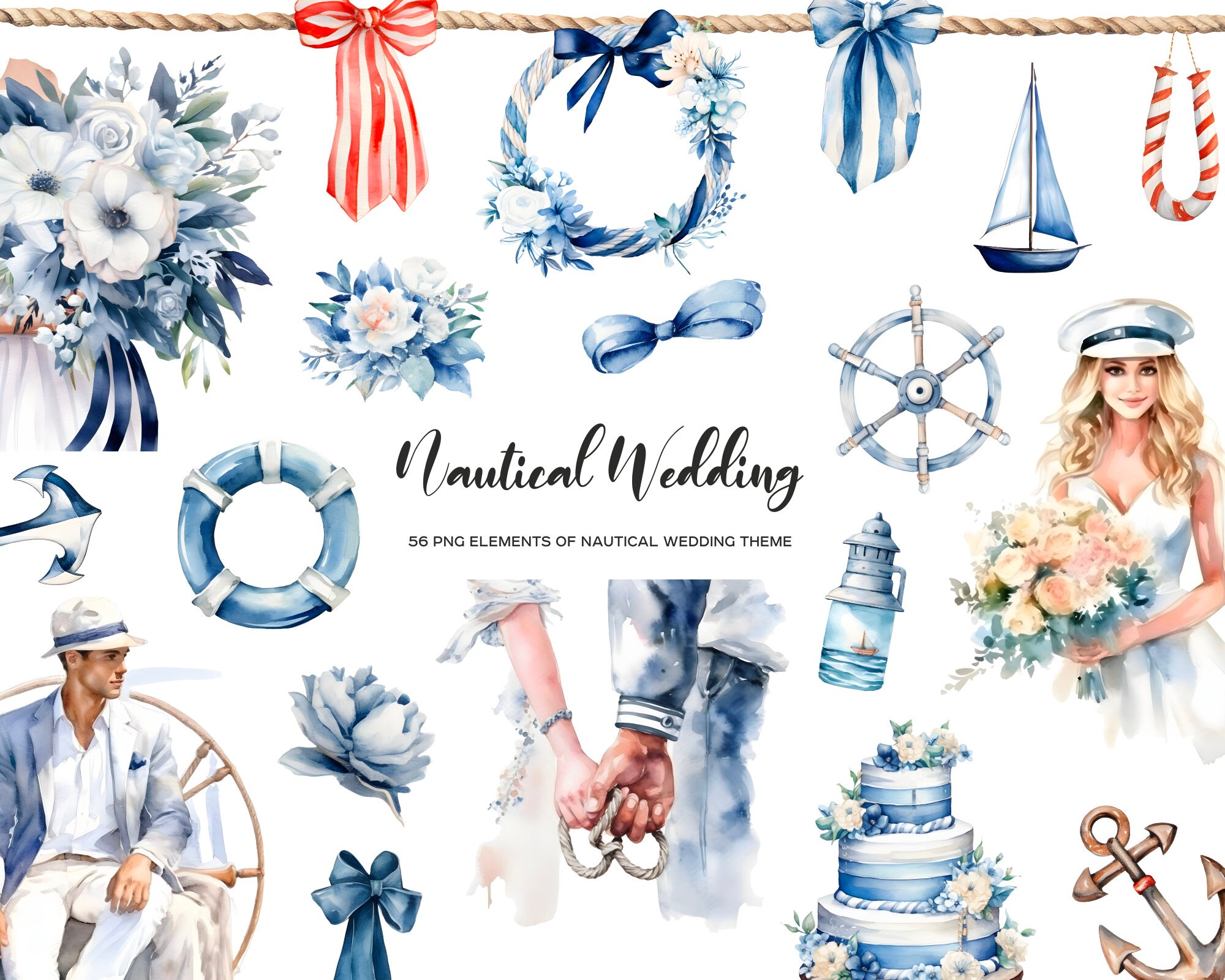 Watercolor Nautical Wedding Clipart: Bride, Groom, Decor (PNG) - Etsy
