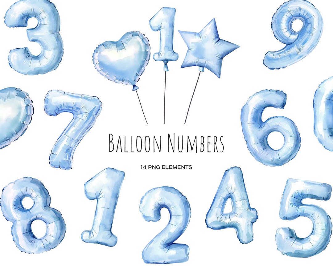 Watercolor Blue Balloon Numbers Clipart: Birthday Party Decorations ...