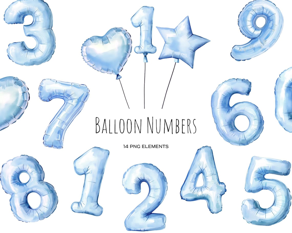 Watercolor Balloon Numbers Clipart Blue 0-9 Balloon Digits Birthday ...