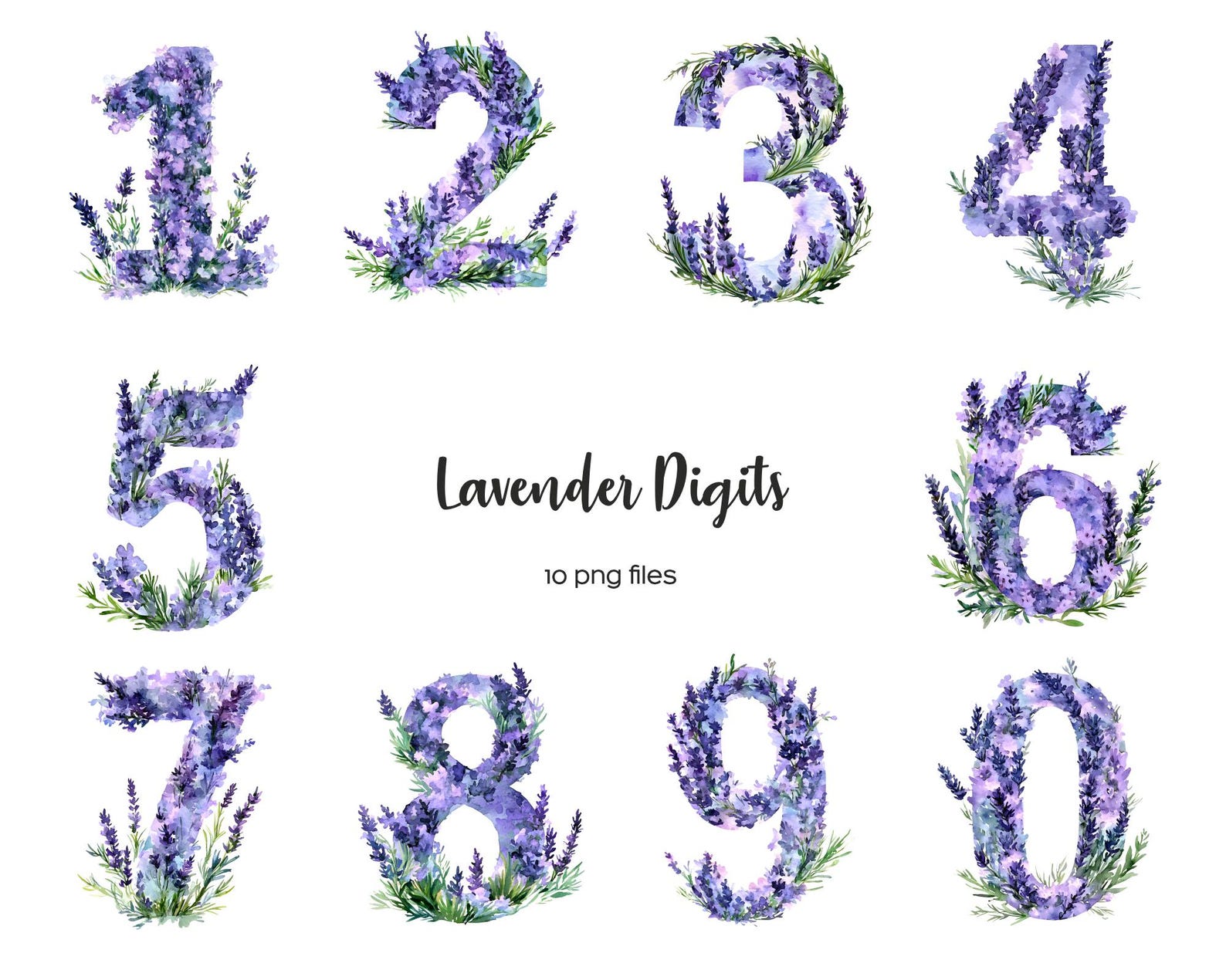 Watercolor Lavender Number Clipart: Floral Digits (PNG Digital Download ...