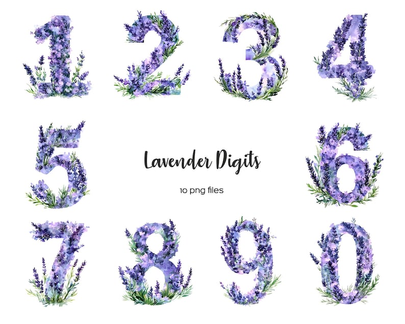 Watercolor Lavender Number Clipart: Floral Digits (PNG Digital Download ...