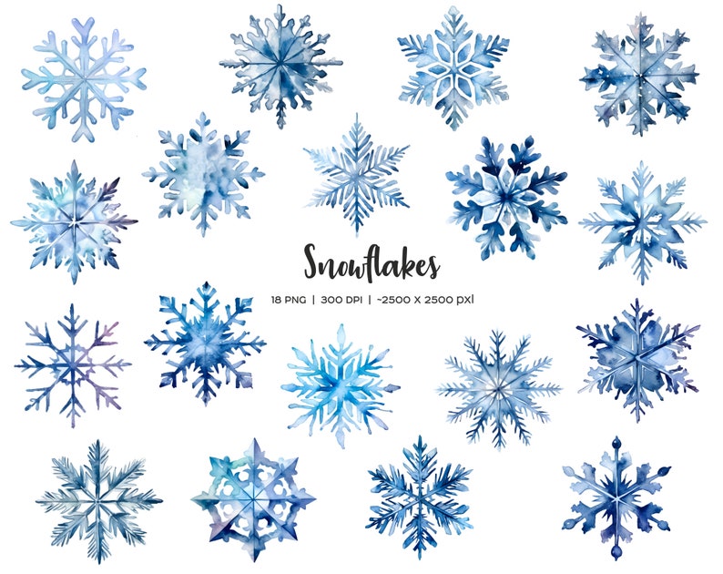 Watercolor Snowflakes Clipart: 18 Blue PNG Holiday Designs (digital ...