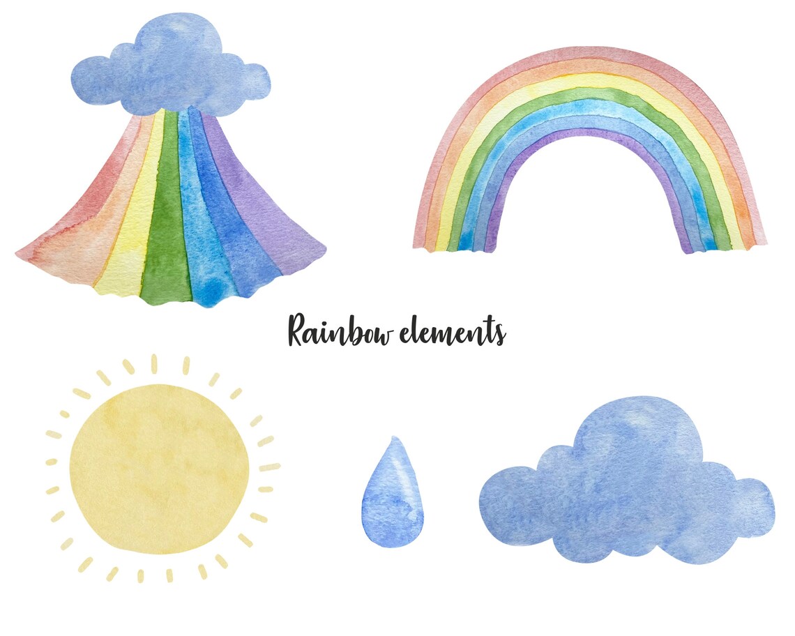 Watercolor Rainbow Clipart: Sun, Cloud, Hearts (PNG Digital Download ...