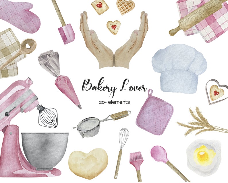 Watercolor Baking Supplies Clipart. Pink Kitchen Utensils PNG ...