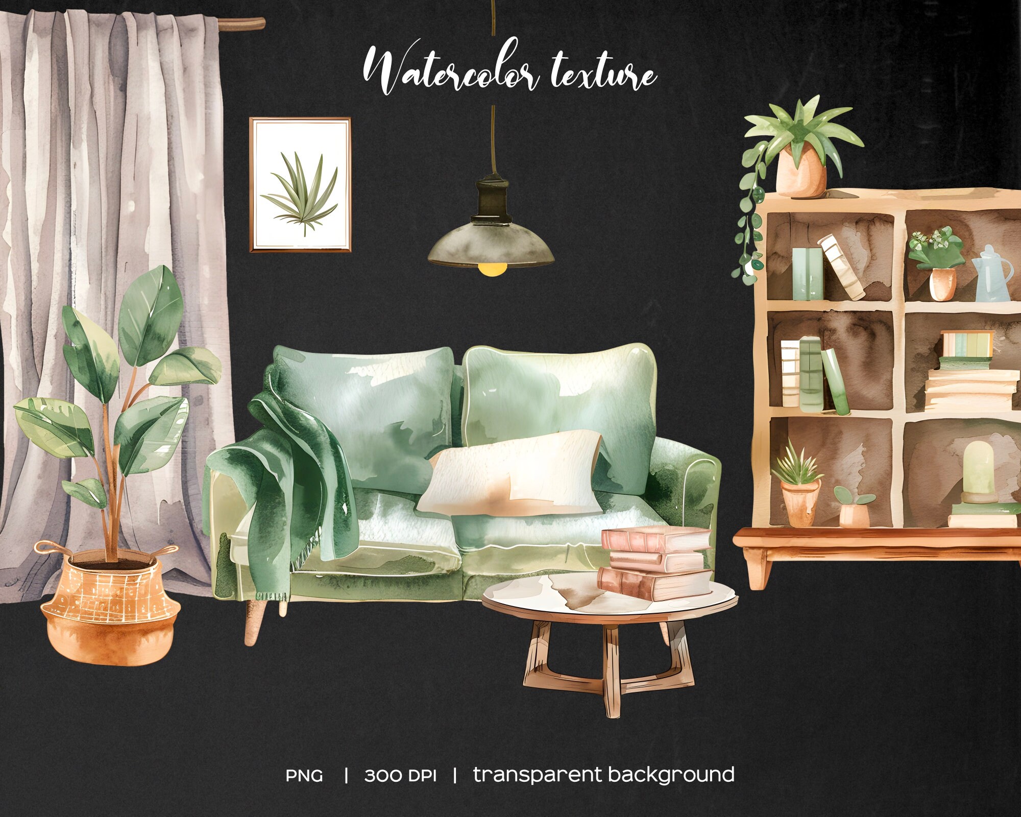Watercolor Living Room Clipart: Cozy Home Decor (47 PNG) - Etsy