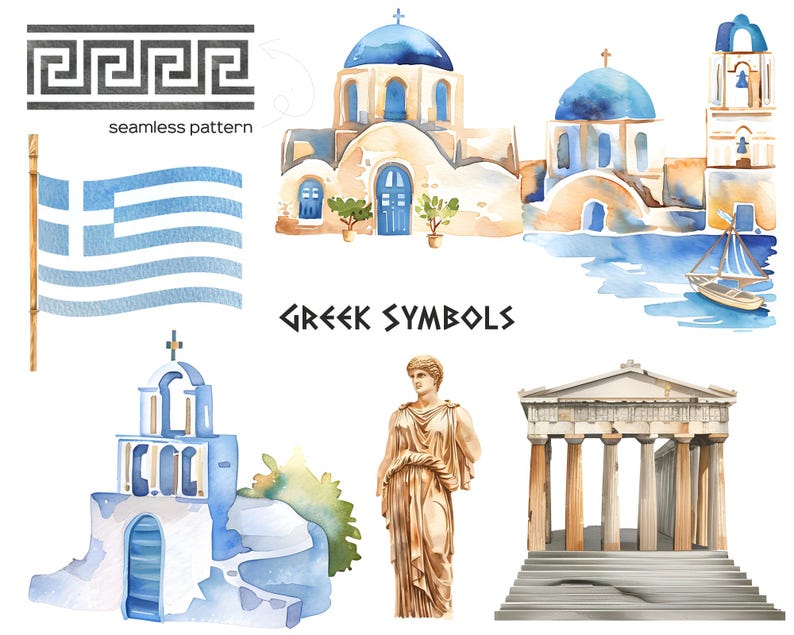 Watercolor Greece Clipart: Greek Landmarks & Symbols (42 PNG) - Etsy