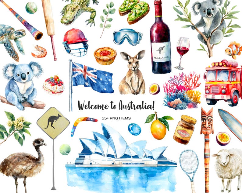 Watercolor Australia Clipart Australian Items and Symbols Australian ...