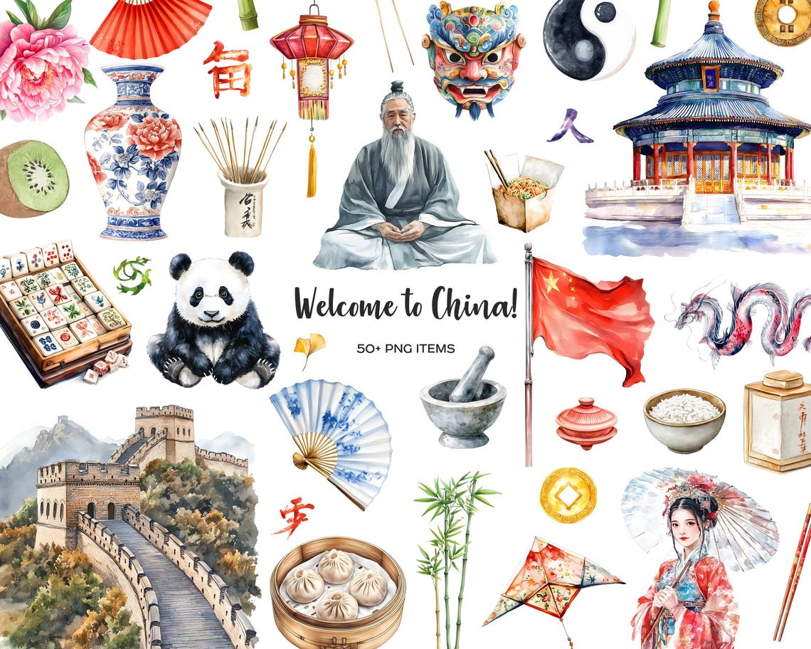 Watercolor China Clipart. Chinese Elements and Symbols Clipart. Welcome ...