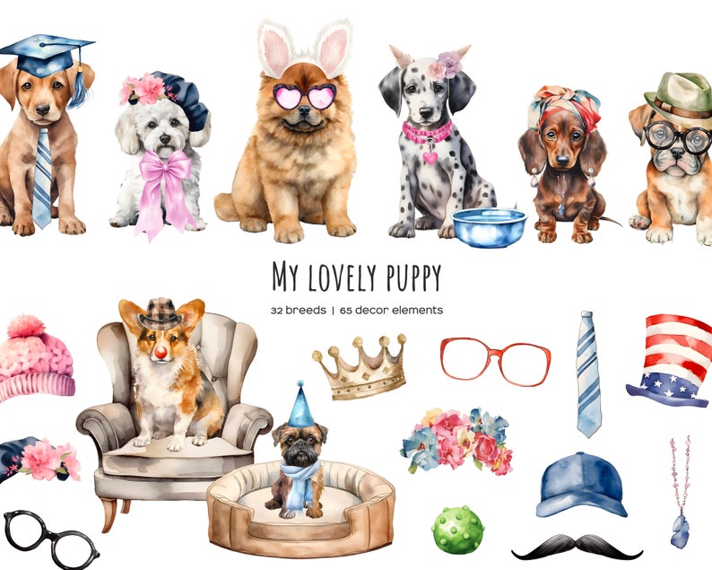 Watercolor Dog Breeds Clipart: Puppies & Accessories PNG (digital ...