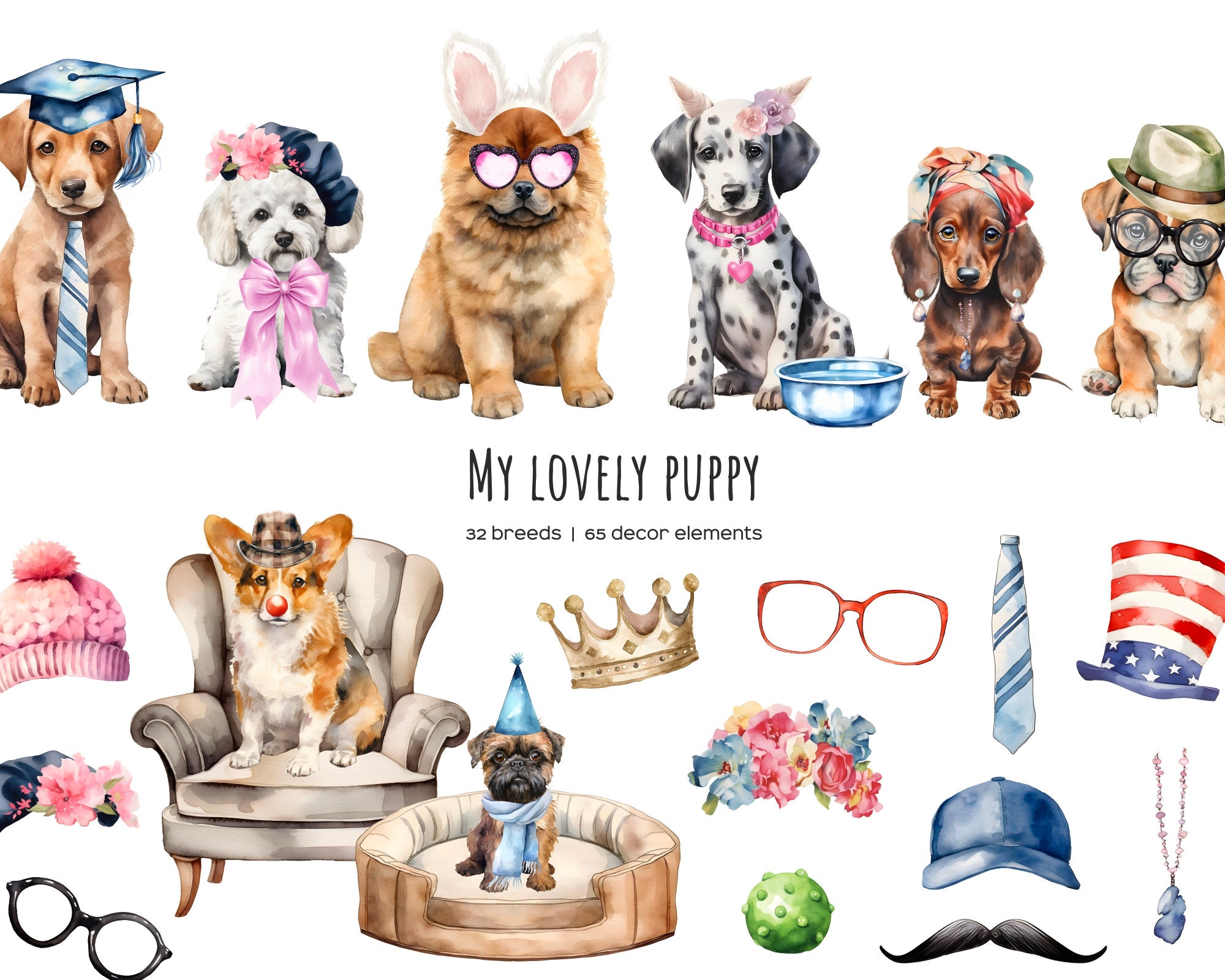 Watercolor Dog Breeds Clipart: Puppies & Accessories PNG (digital ...
