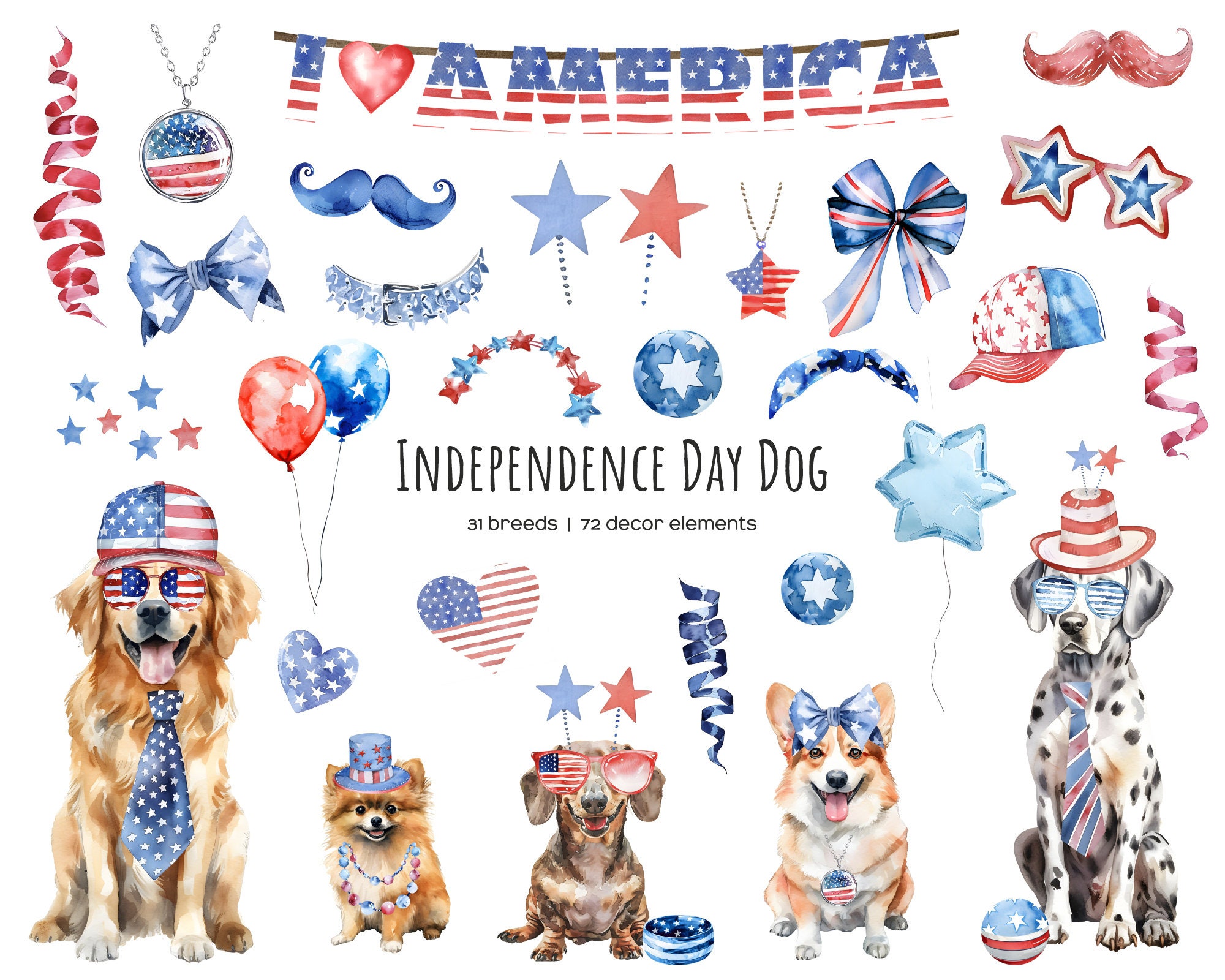 Watercolor 4th of July Dog Clipart: 31 Breeds, Patriotic Decor (digital ...