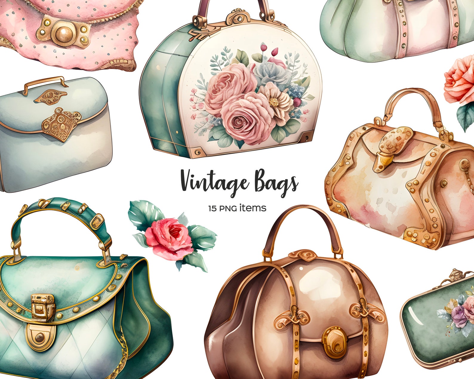 Watercolor Vintage Bag Clipart. Retro Lady Clipart. Handbag Clip Art ...