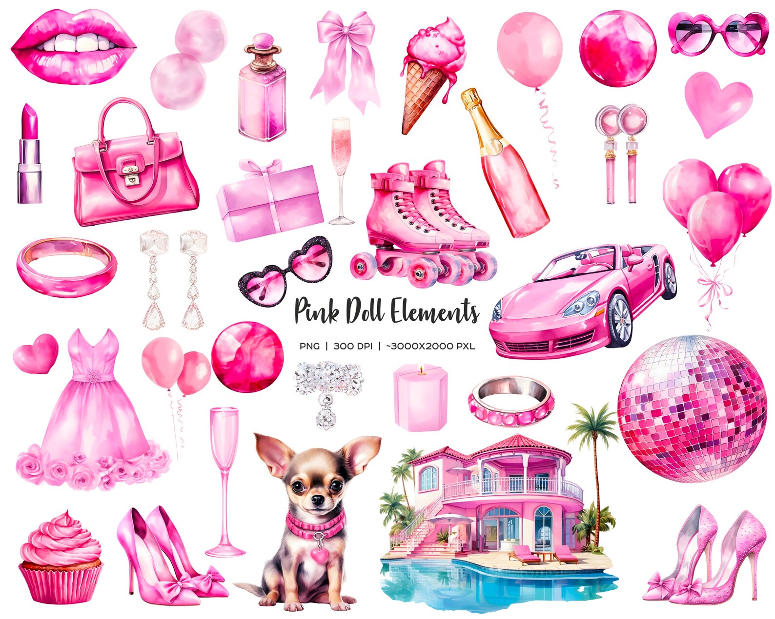 Watercolor Hot Pink Fashion Doll Clipart. Pink Doll Clipart Bundle ...