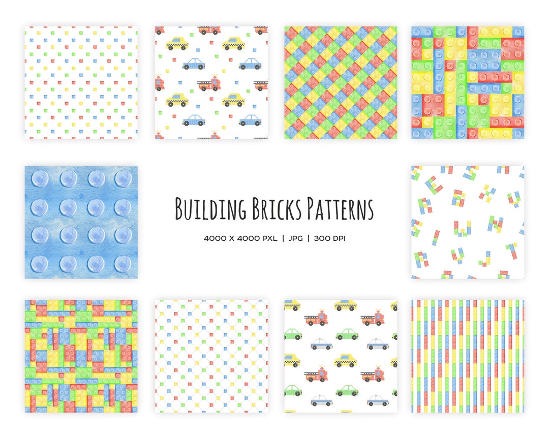 Watercolor Building Bricks Seamless Patterns: Toy Clipart (digital ...