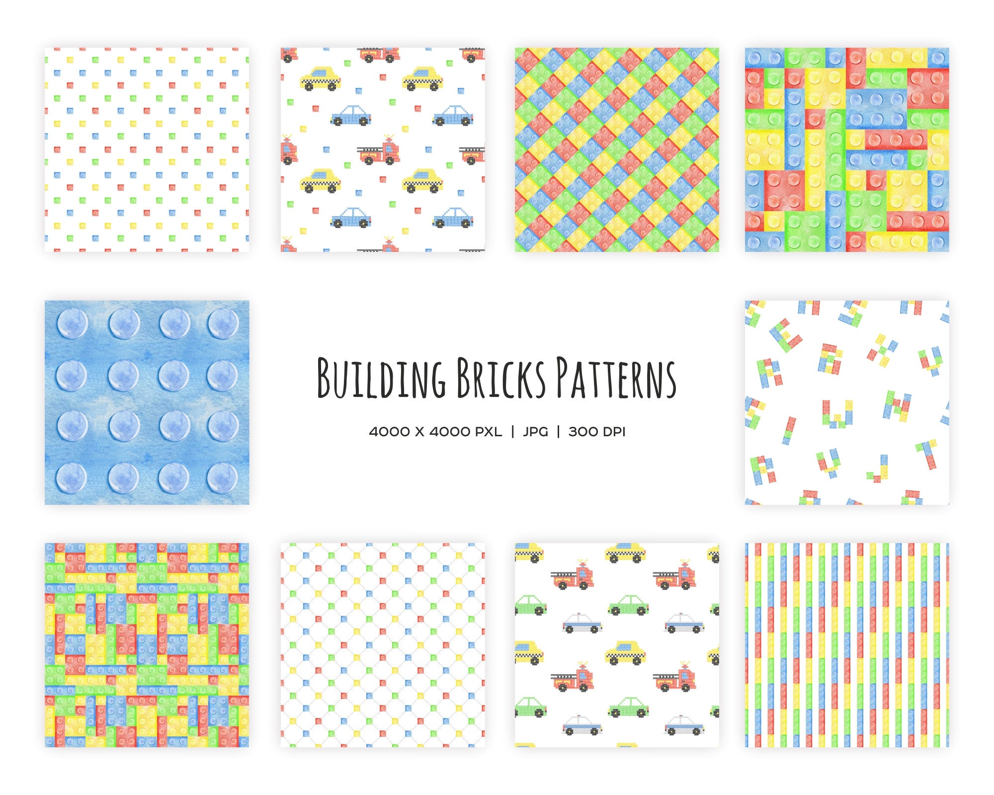 Watercolor Building Bricks Seamless Patterns: Toy Clipart (digital ...