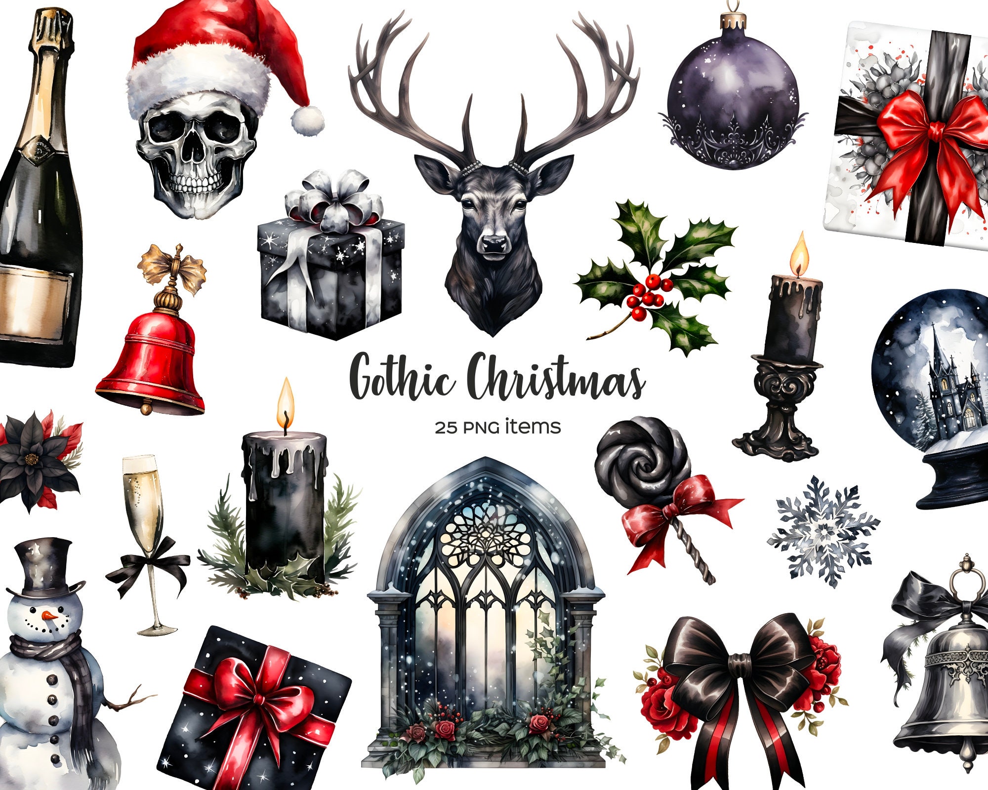 Watercolor Gothic Christmas Clipart: Horror Xmas PNG Set - Etsy