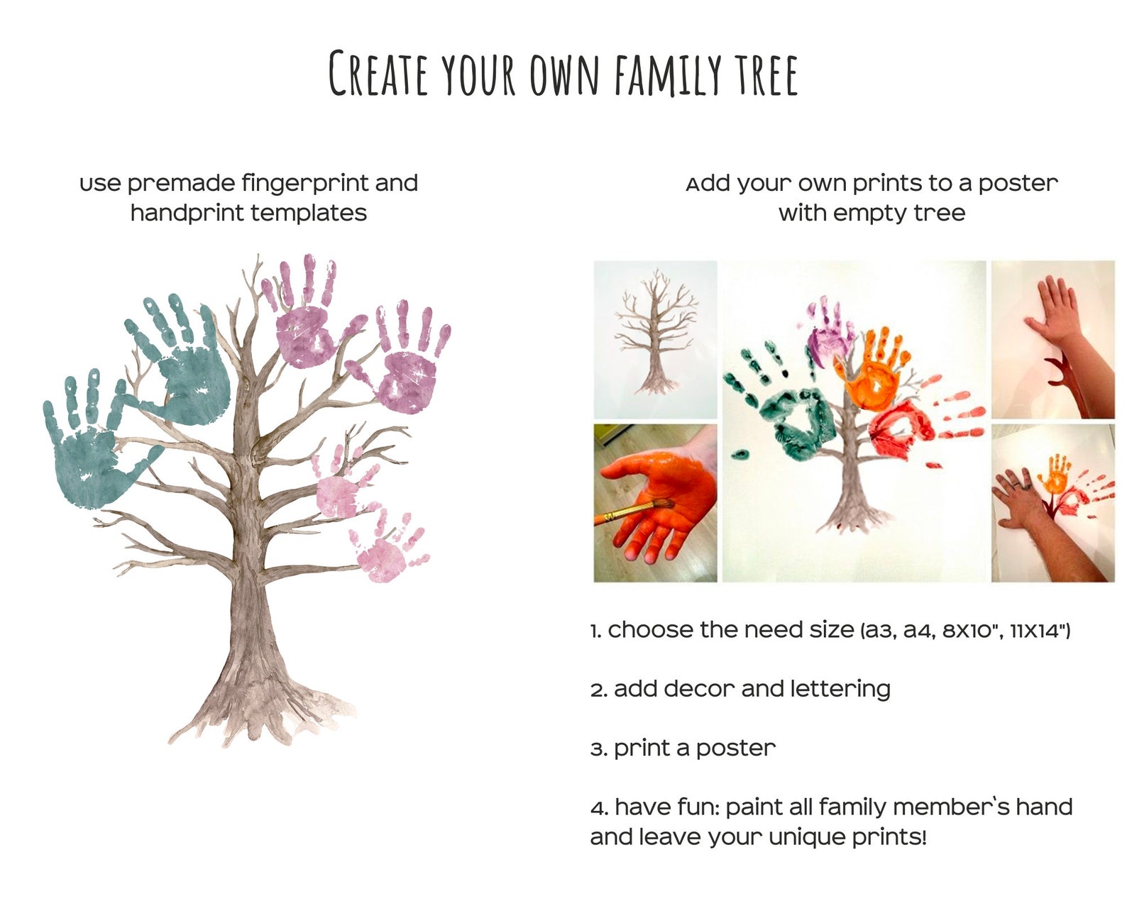 Watercolor Family Tree Clipart: Handprint & Fingerprint DIY (PNG, JPG ...