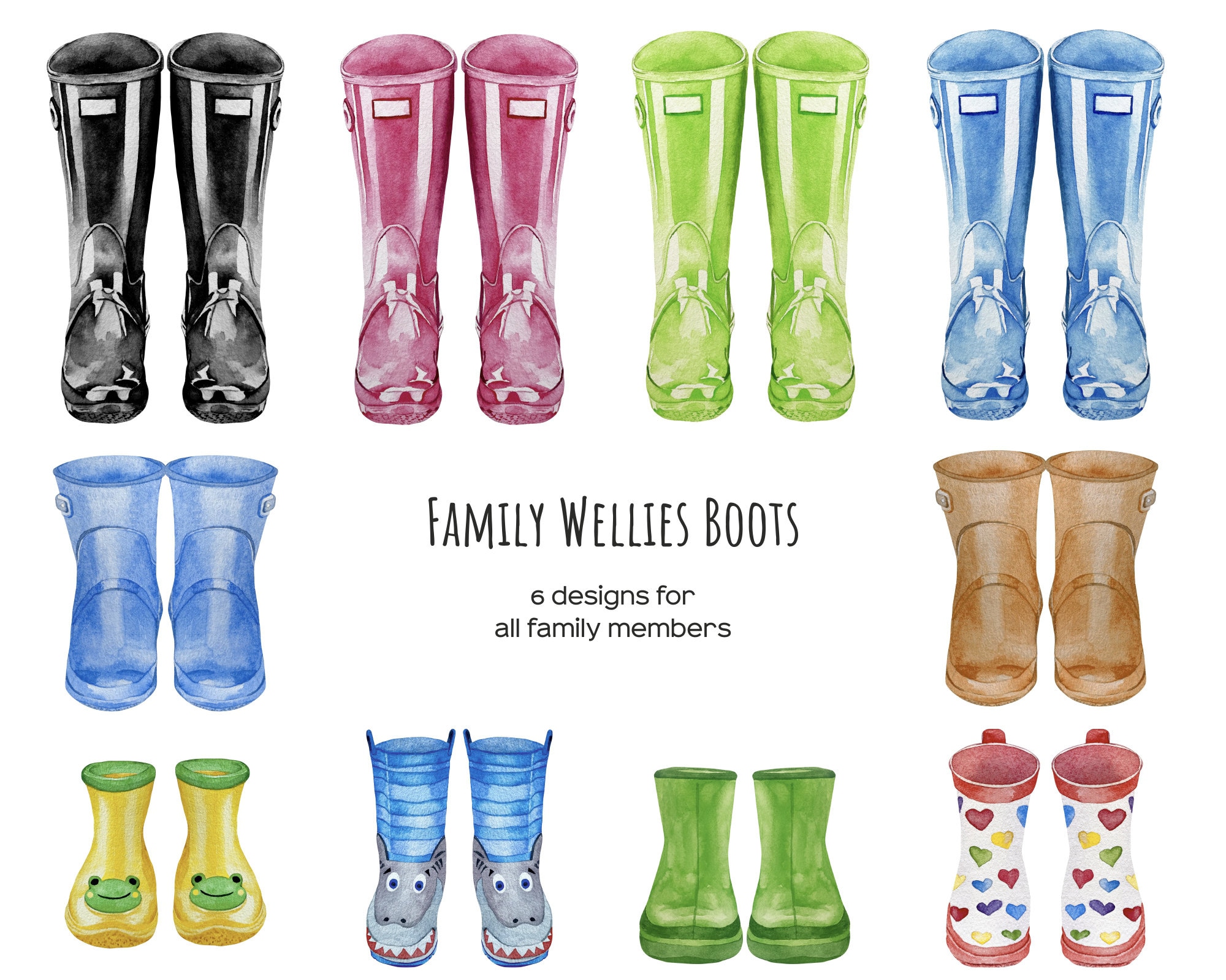 Watercolor Family Welly Boot Clipart for Personalised Family Print ...