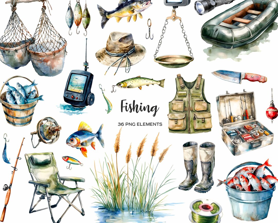 Watercolor Fishing Clipart. Fishing Equipment Set. Fishing Tools and ...