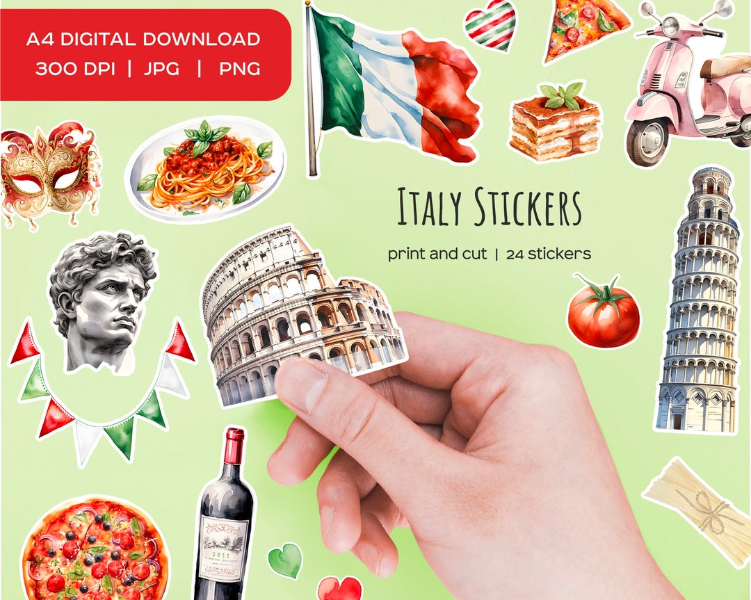 Watercolor Italy Stickers. Venice Italian Symbols Sticker. Сolosseum ...
