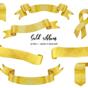 Watercolor Gold Ribbons Clipart: Banners, Bunting (8 PNG) Commercial ...