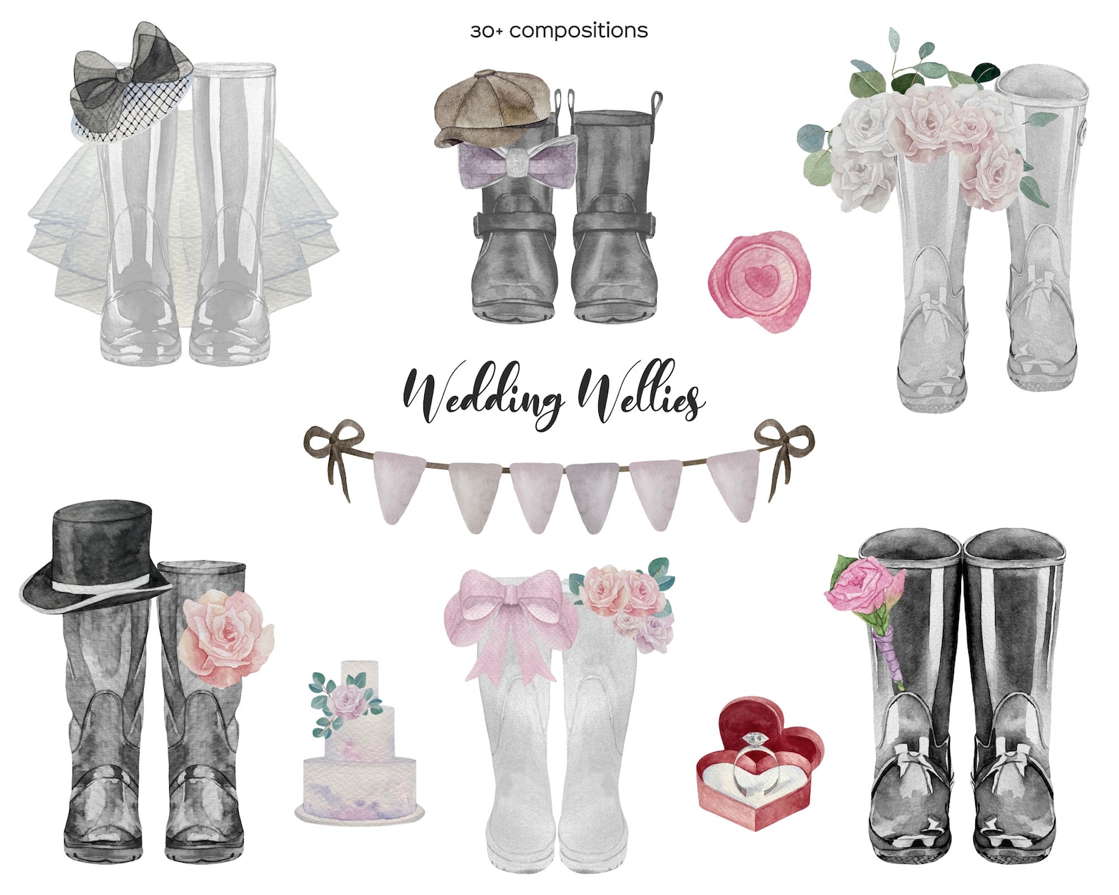 Watercolor Wedding Wellies Clipart: Bridal Rain Boots PNG (digital ...