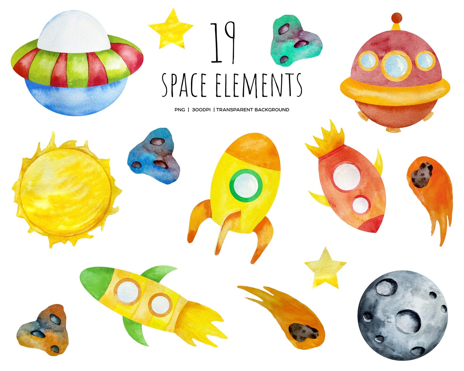 Watercolor Alients Clipart. Outer Space Clipart. Spaceship and Rocket ...