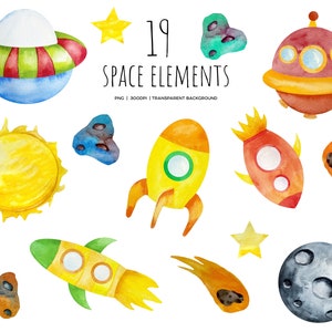 Watercolor Alients Clipart. Outer Space Clipart. Spaceship and Rocket ...