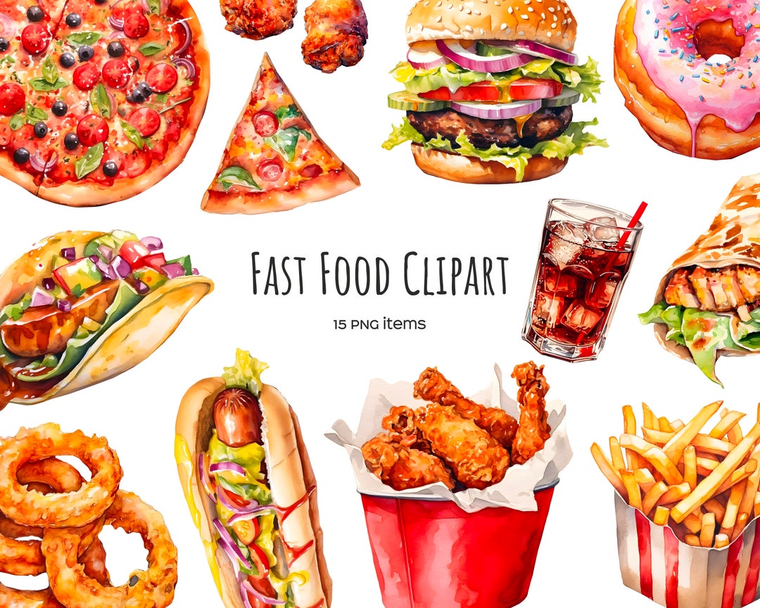 Watercolor Fast Food Clipart: 15 PNG Street Food Illustrations (digital ...