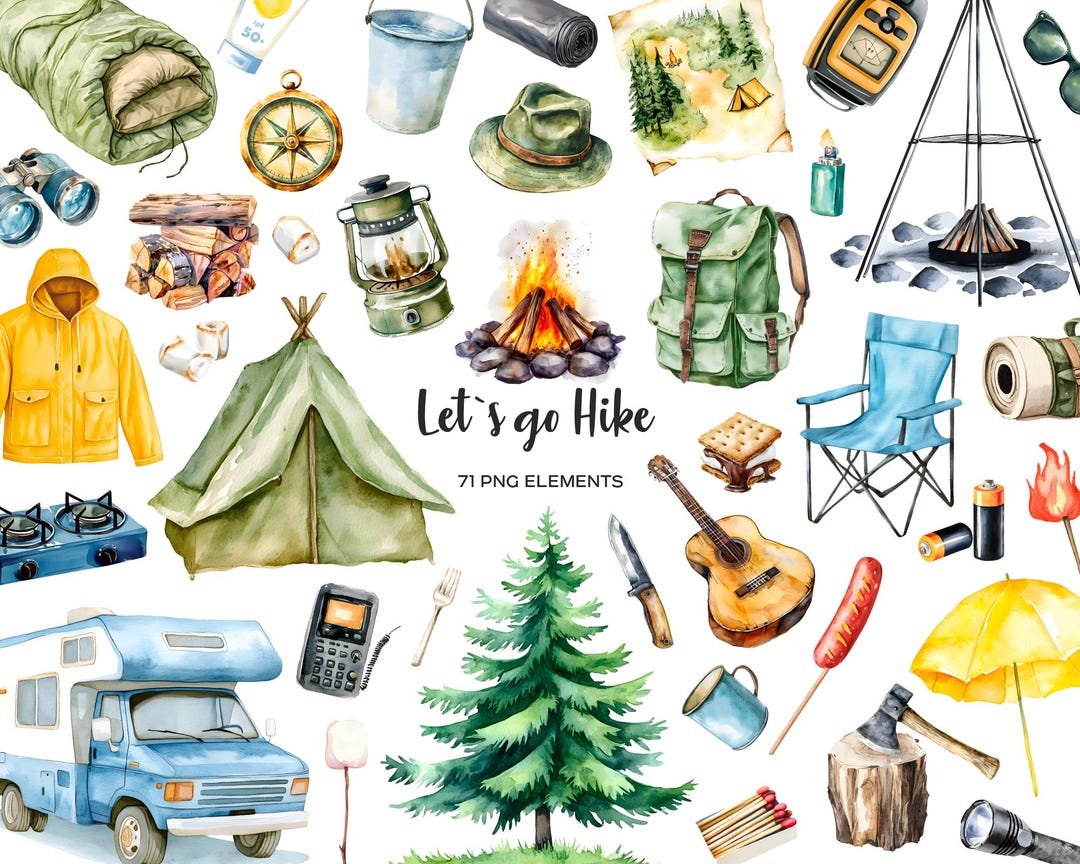 Watercolor Camping Clipart Set: Hiking PNG Elements (digital Download ...