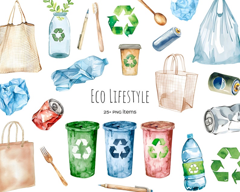 Watercolor Eco Lifestyle Clipart: Zero Waste PNG Set - Etsy