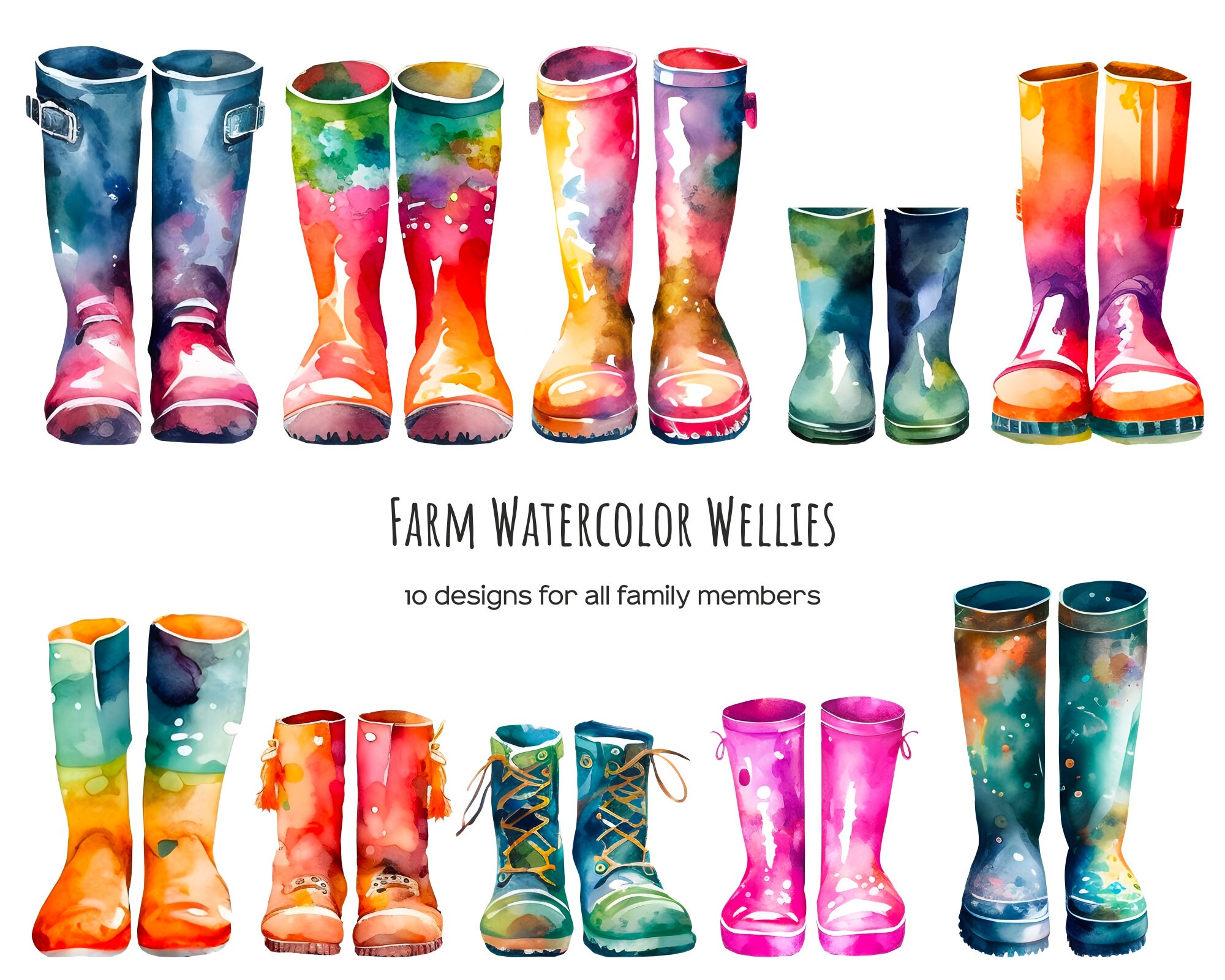 Watercolor Welly Boots Clipart: Family Rain Boots (PNG Digital Download ...