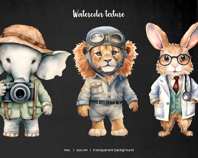 Watercolor Animal Professions Clipart: 11 PNG Nursery Art (digital ...
