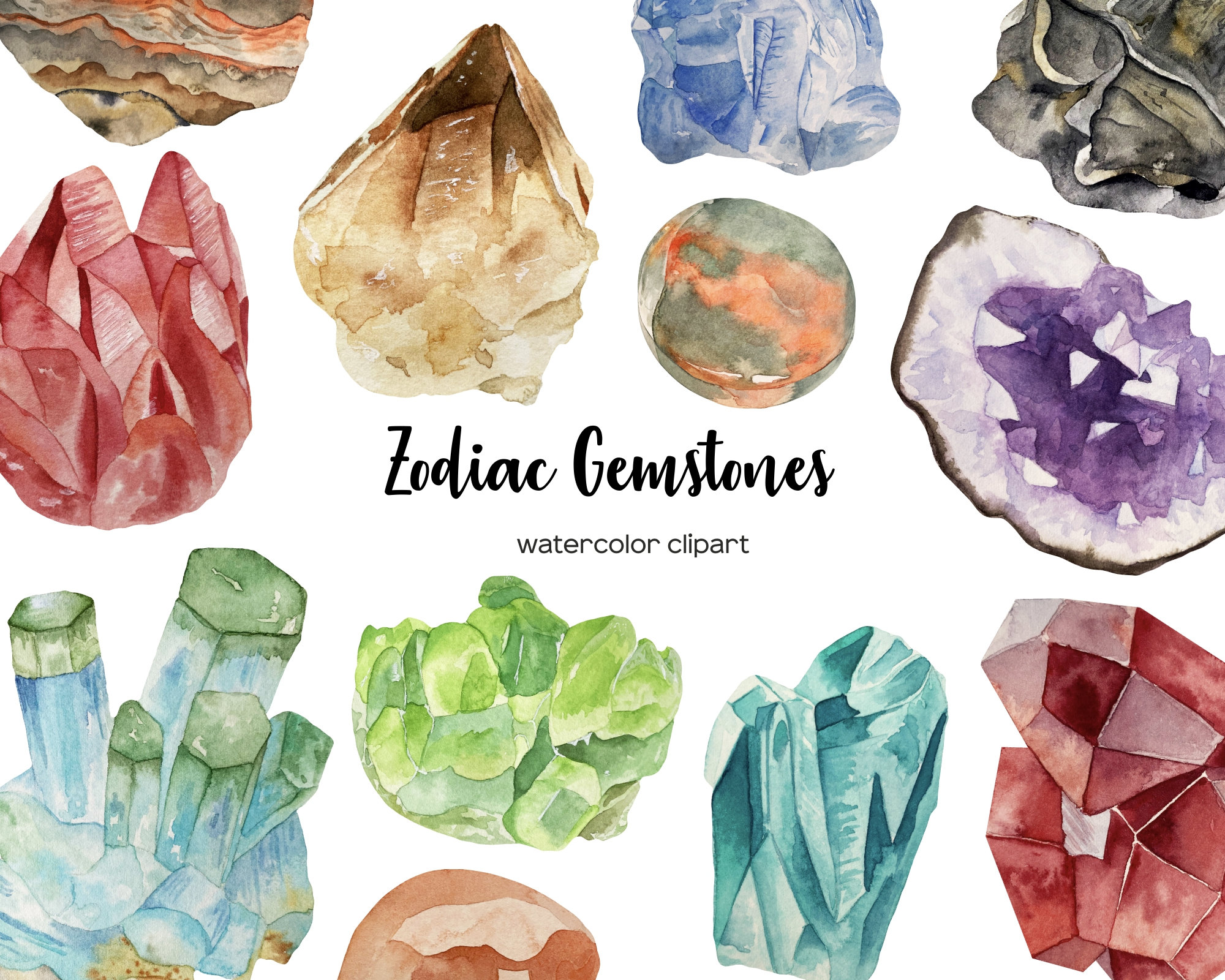 Watercolor Zodiac Birthstone Clipart. Crystals & Gems 12 PNG. Watercolor Minerals Clipart ...
