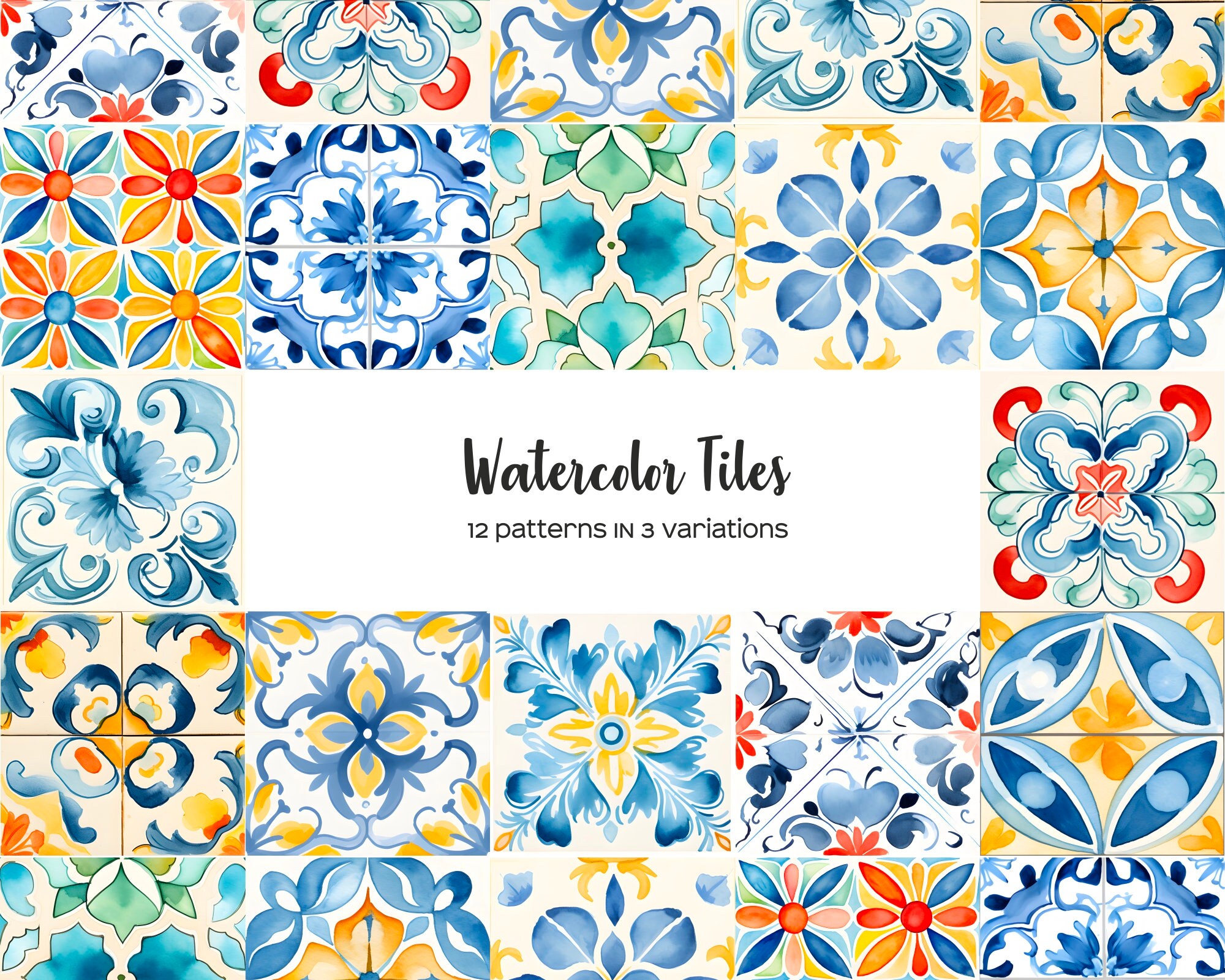 Watercolor Tiles Clipart. Yellow and Blue Tiles Clip Art. Set of Spain ...
