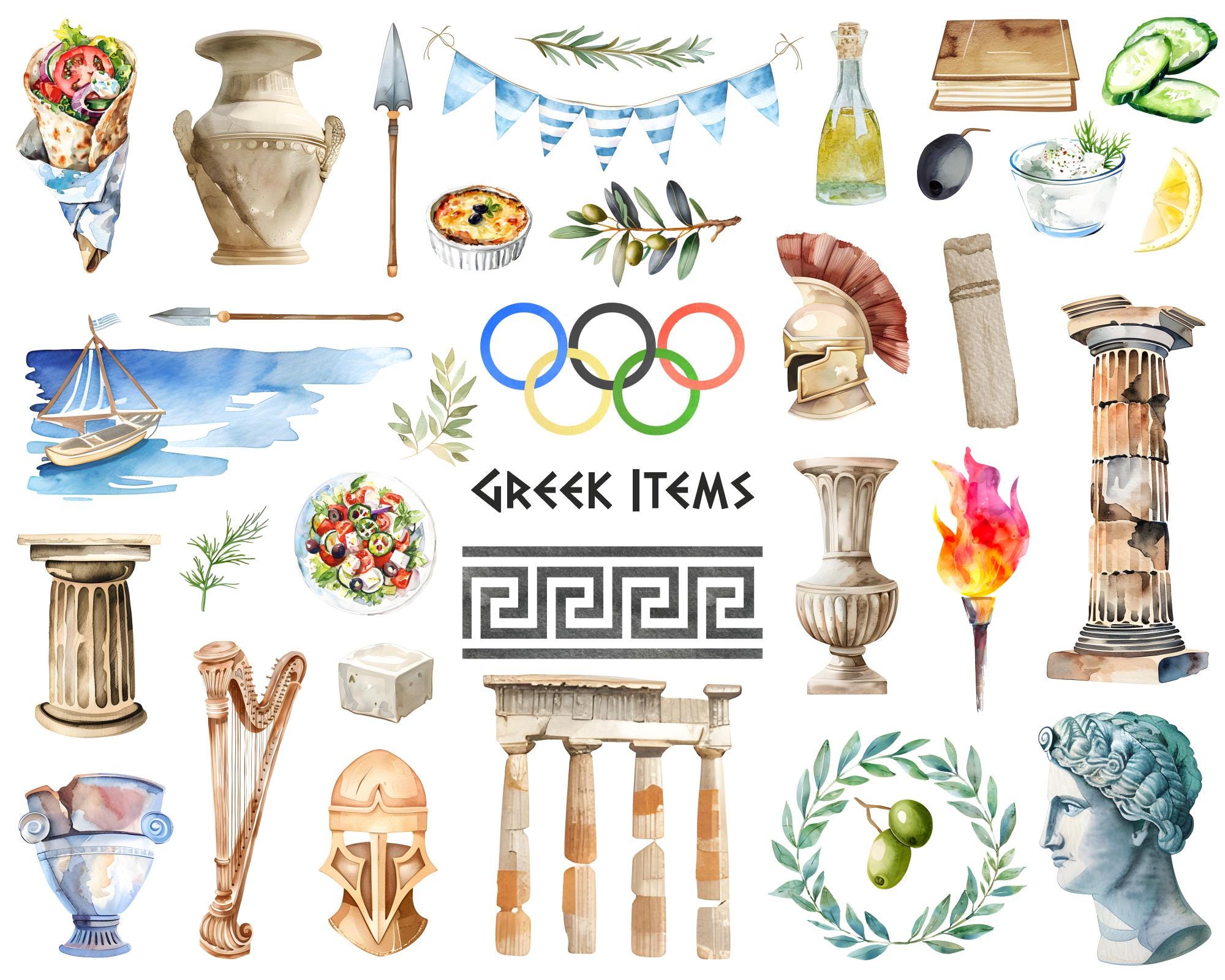 Watercolor Greece Clipart. Greek Items Set. Welcome to Greece. Athens ...