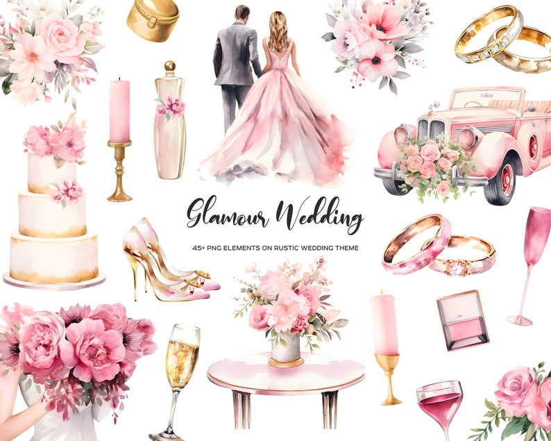 Watercolor Wedding Clipart: Pink & Gold Glamour Theme (PNG Digital ...