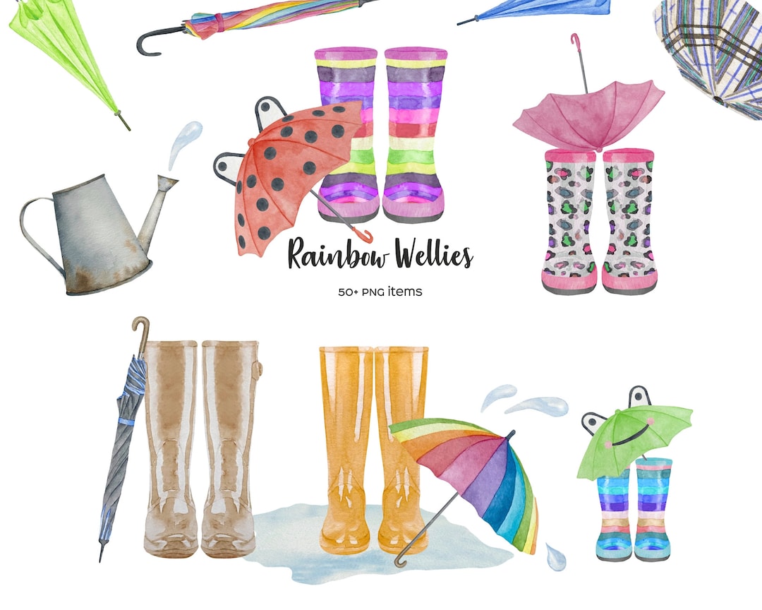 Watercolor Wellies and Brollies Clipart. Family Welly Boot Print ...