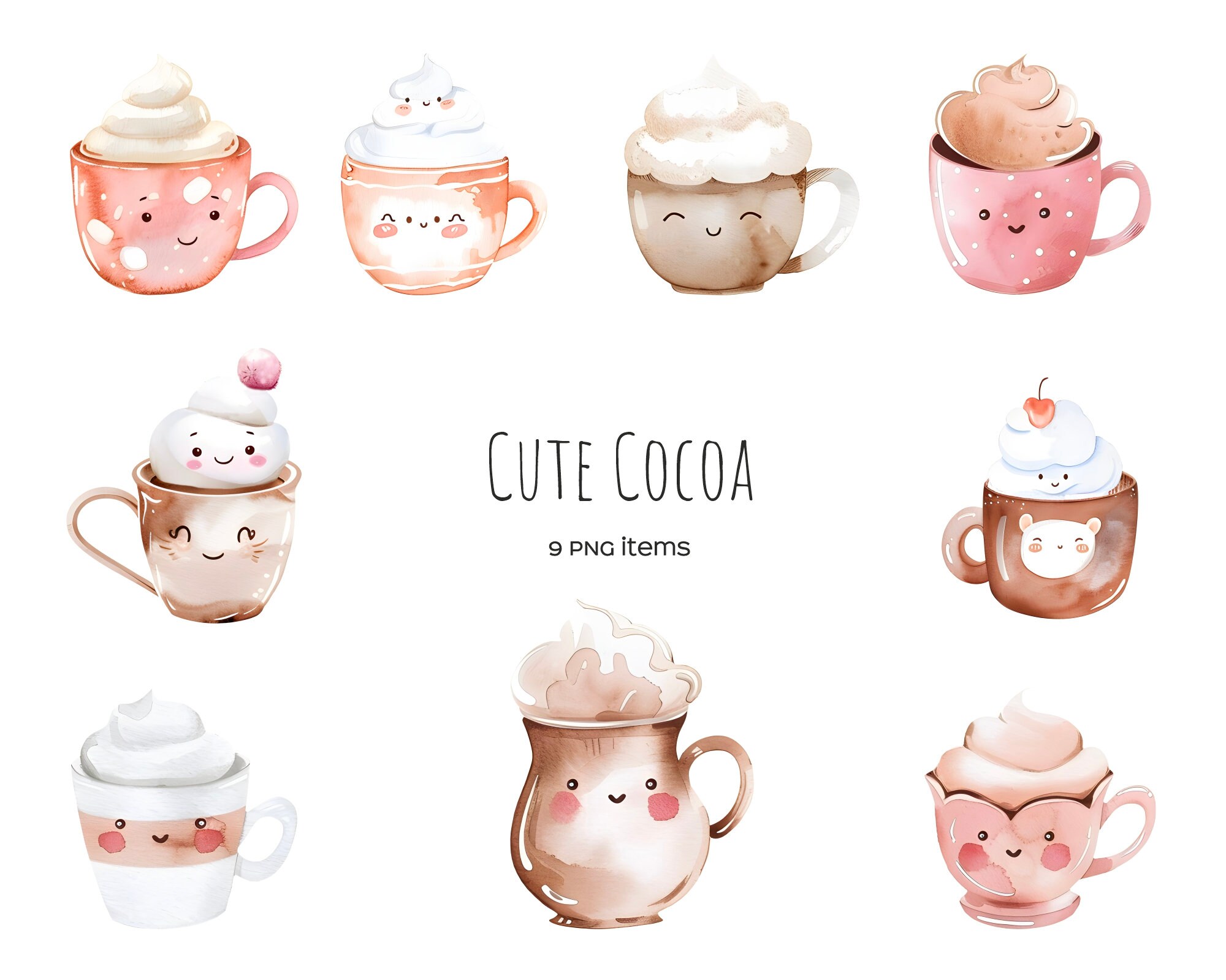 Watercolor Kawaii Hot Chocolate Cup Clipart. Cozy Hot Chocolate Mug ...