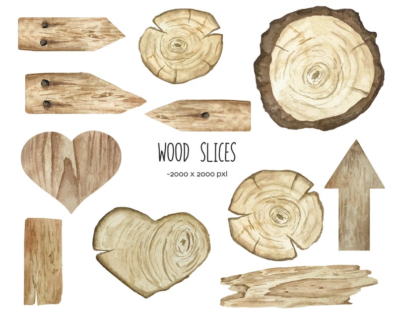 Watercolor Wood Slices Clipart. Watercolor Wood Hearts. Wood Sign 11 ...